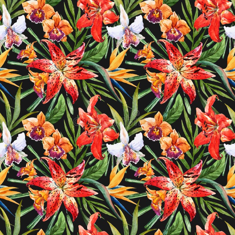 Vector Tropical Watercolor Lilly Pattern Stock Vector - Illustration of ...
