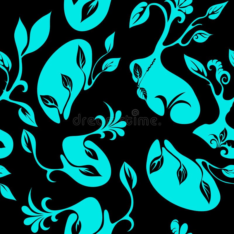 Vector Two-color Seamless Abstract Pattern with Drawn Decorative Plant ...