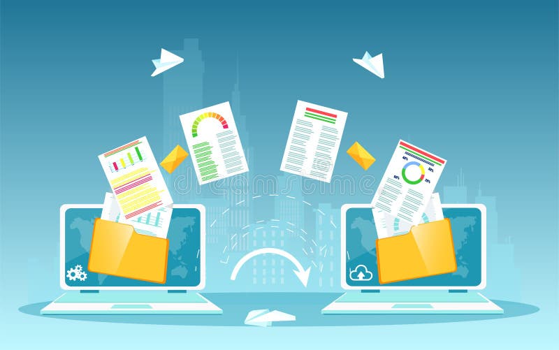 Vector of Two Laptops and Financial File Transfer Process Stock Vector ...