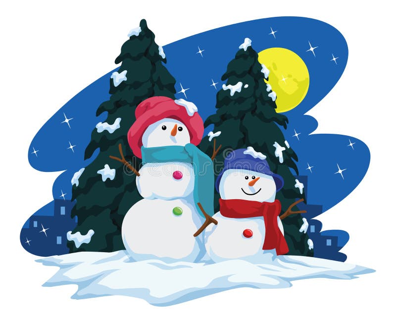 Vector of Two Snowmen and Christmas Tree Stock Vector - Illustration of ...