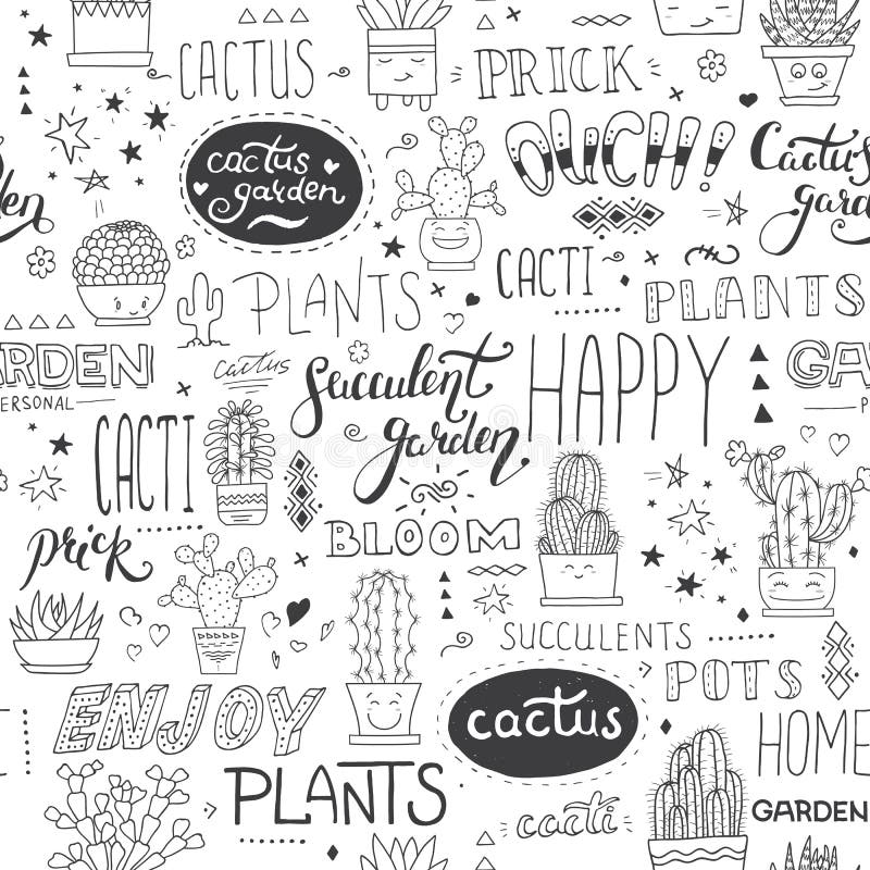 Vector Typographical Seamless Pattern with Succulents, Cactuses and ...