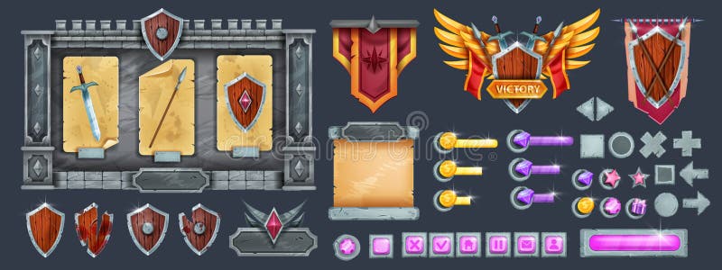 Stone Game User Interface Design Kit, Medieval Knight RPG Template ...