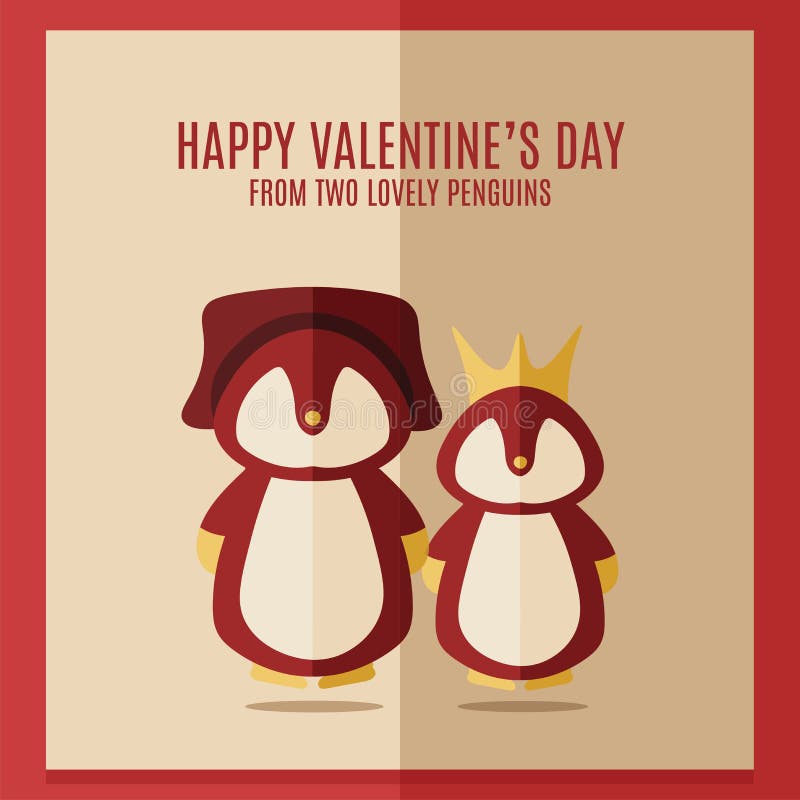 Vector Valentines S Day Card with Illustration of Two Red Penguins in ...