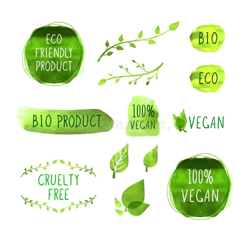Vector Vegan Menu Packaging Labels Icons, Isolated Marks, Watercolor ...