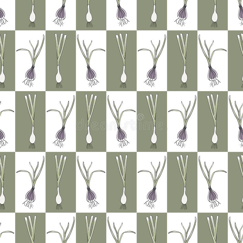 Vector Vegetables Onions Shallots on White Green Squares Seamless ...