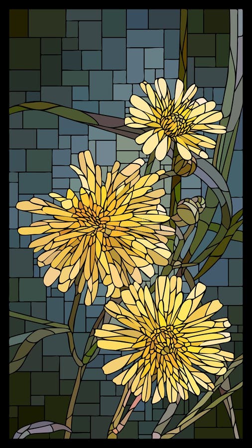 Vector Vertical Stained Glass Window with Blooming Yellow Dandelion ...