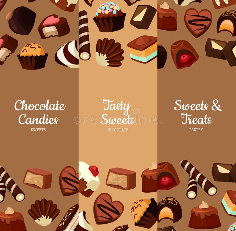 Vector Vertical Banners Illustration with Cartoon Chocolate Candies ...