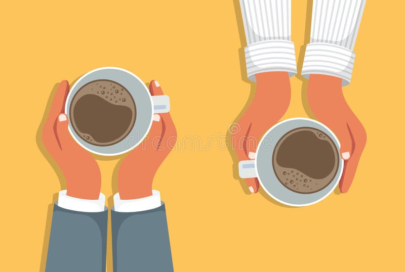 Hands Holding Cups of Coffee on Table Background. Top View. Coffee Time ...