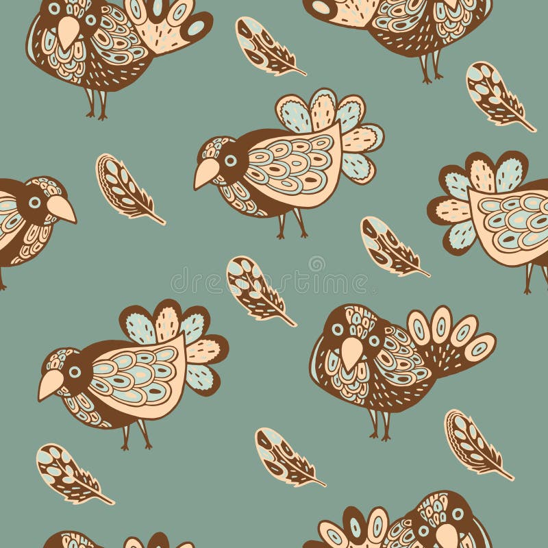 Vector Vintage Decorative Birds Seamless Pattern with Feathers. Hand ...