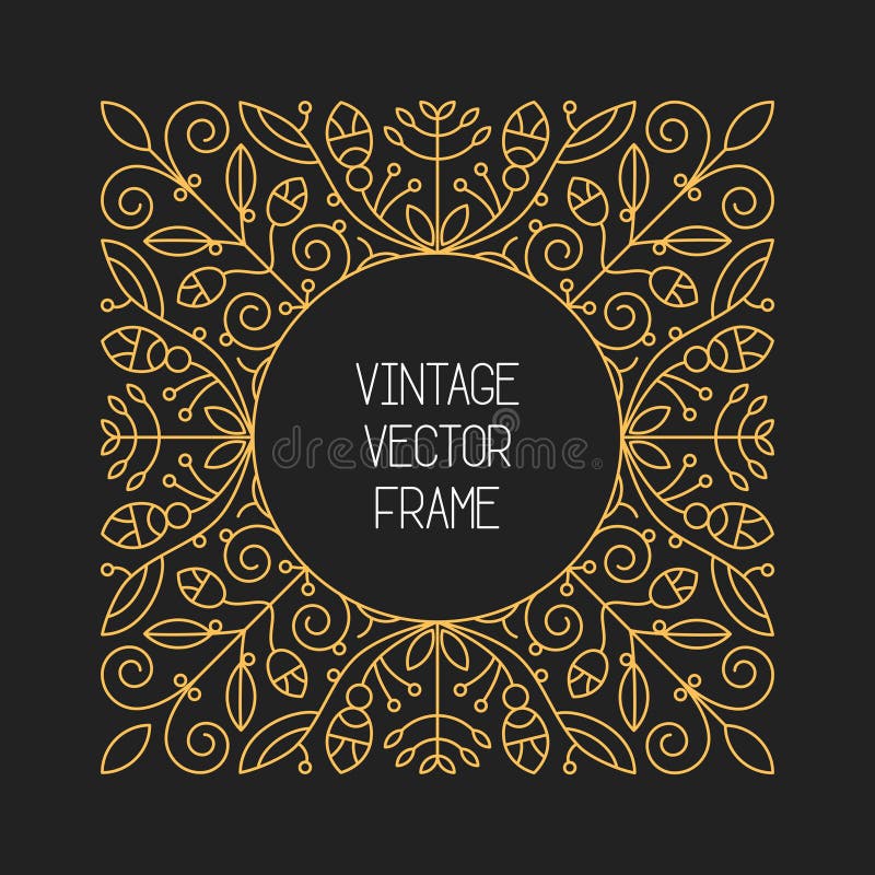 Vector Vintage Floral Frame on Black Background in Mono Thin Line Style ...