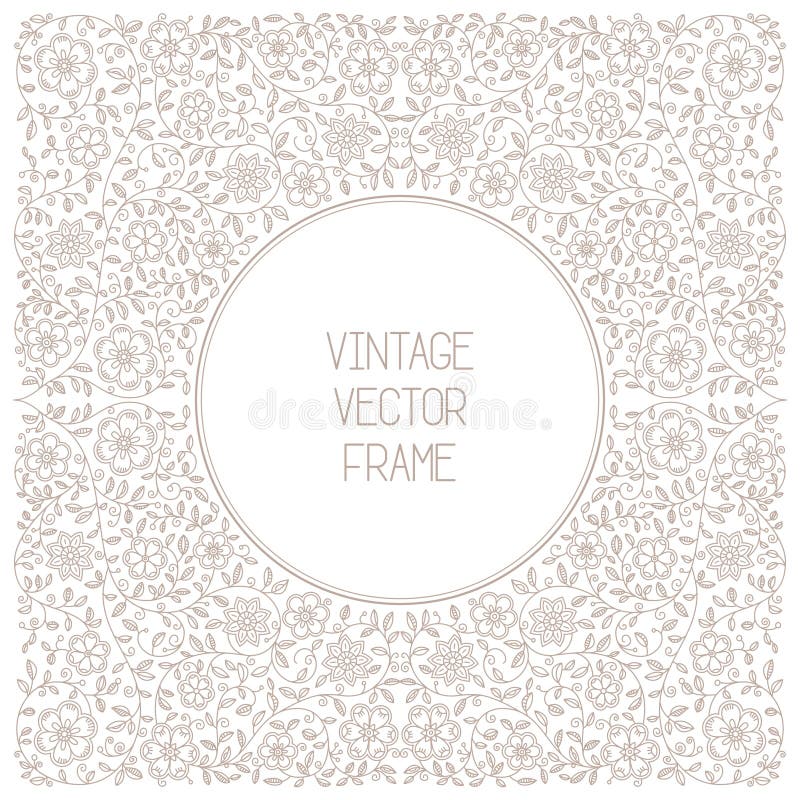 Vector Vintage Floral Frame on Black Background in Mono Thin Line Style ...