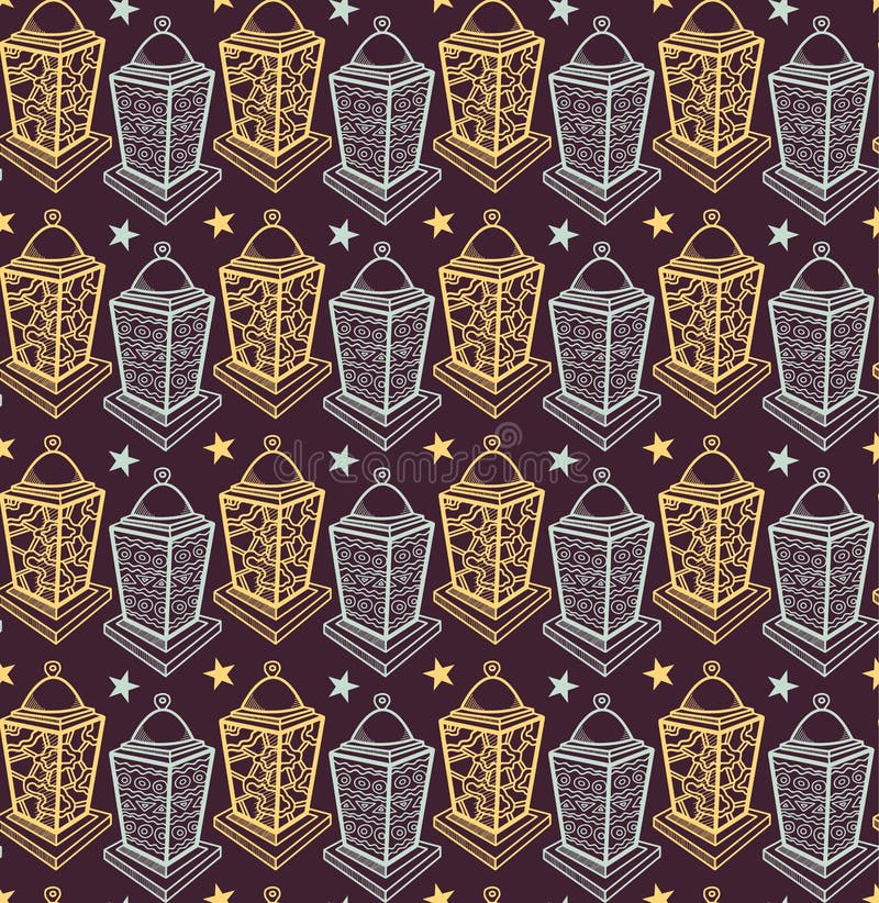 Vector Vintage Lanterns Seamless Pattern. Hand Drawn Graphic Ornamental ...