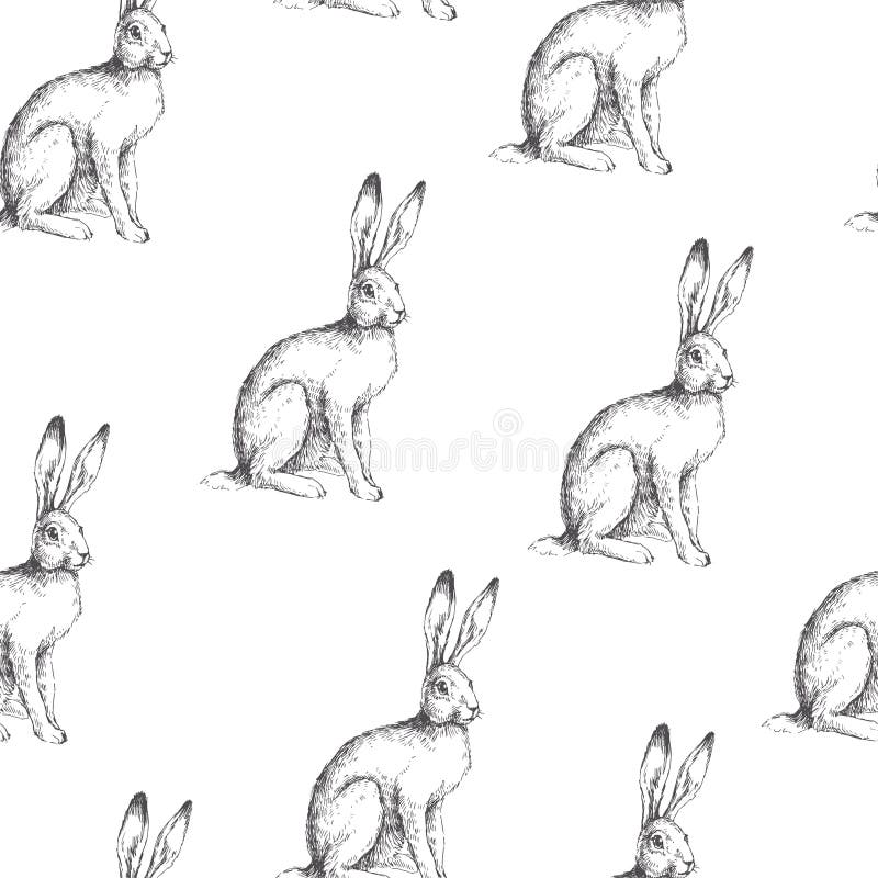 Vector Vintage Seamless Pattern with Sitting Hare Isolated on White ...