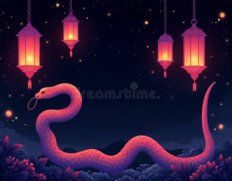 Vector of a Violet Snake and Chinese Lanterns on Night Starry Sky with ...