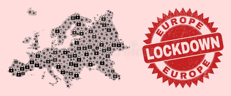 Europe Map Mosaic with Locks and Covid and Distress Lockdown Stamp Seal ...