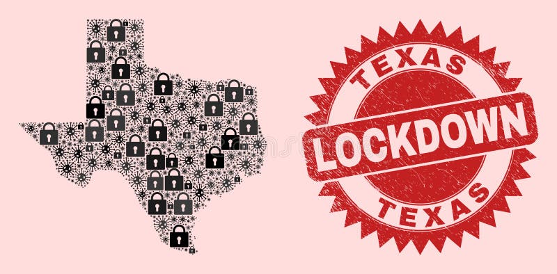 Texas State Map Collage of Locks and Viral Items and Distress Lockdown ...