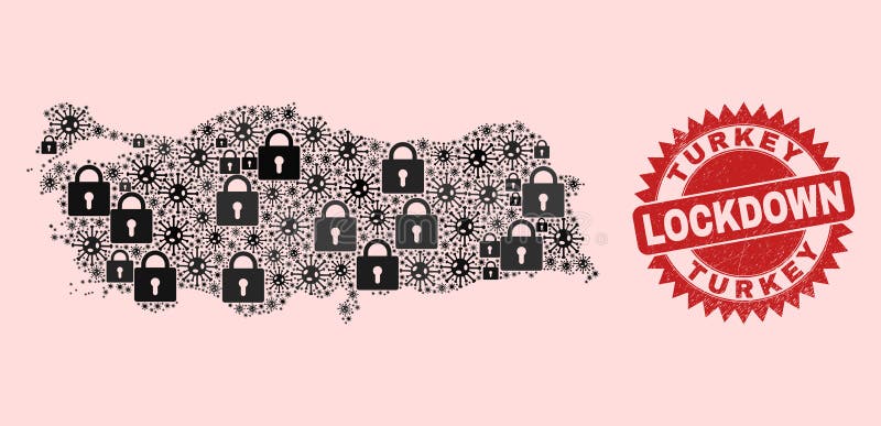 Turkey Map Collage with Locks and Covid and Distress Lockdown Seal ...