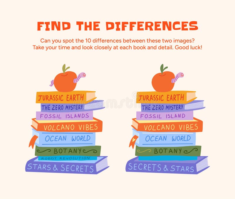 Vector Visual Puzzle for Kids. Spot Differences between Two Book Stacks ...