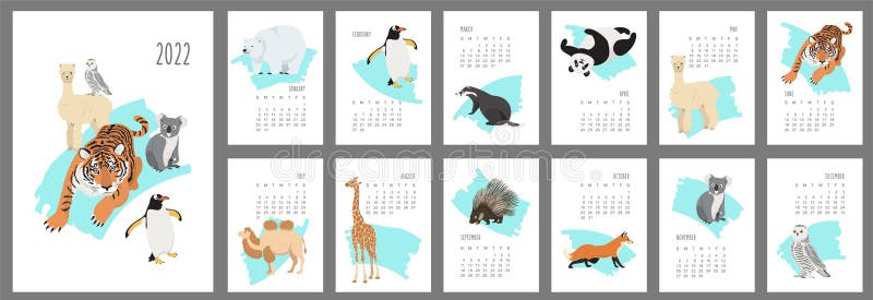 Vector Wall Calendar Design Template with Various Animals, Year of the ...