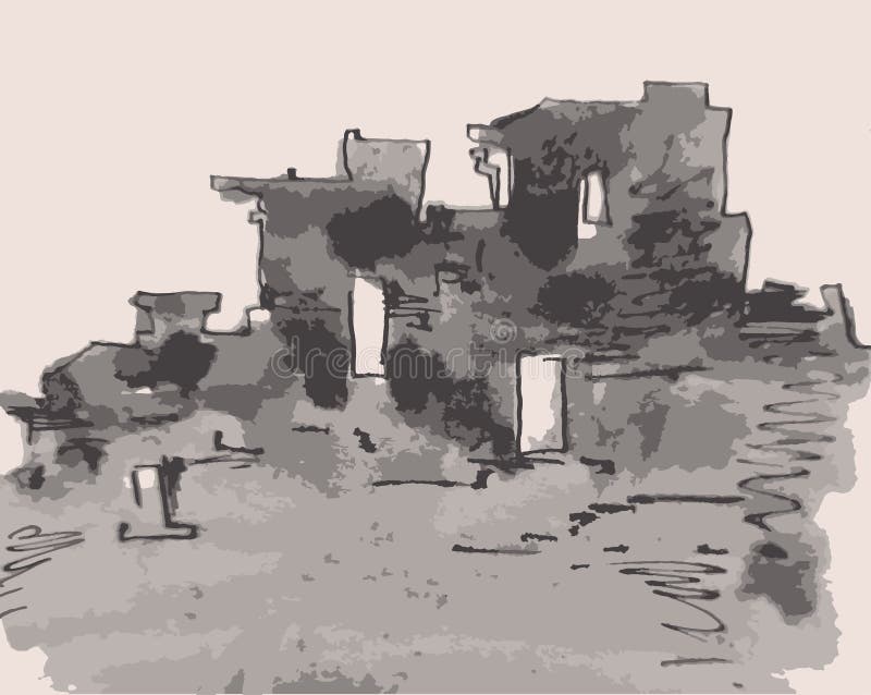 Vector Watercolor Brush Drawing of Silhouette Ruins Ancient Building ...