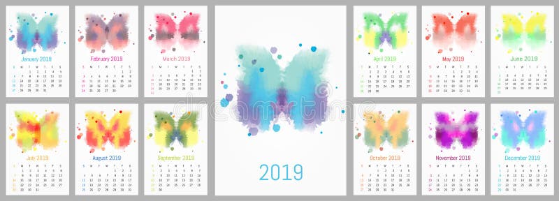 Vector Watercolor Design Calendar 2019 Stock Illustration ...