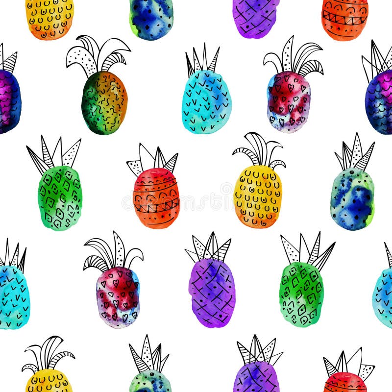 Vector Watercolor Seamless Pattern with Colorful Rainbow Pinapple Stock ...