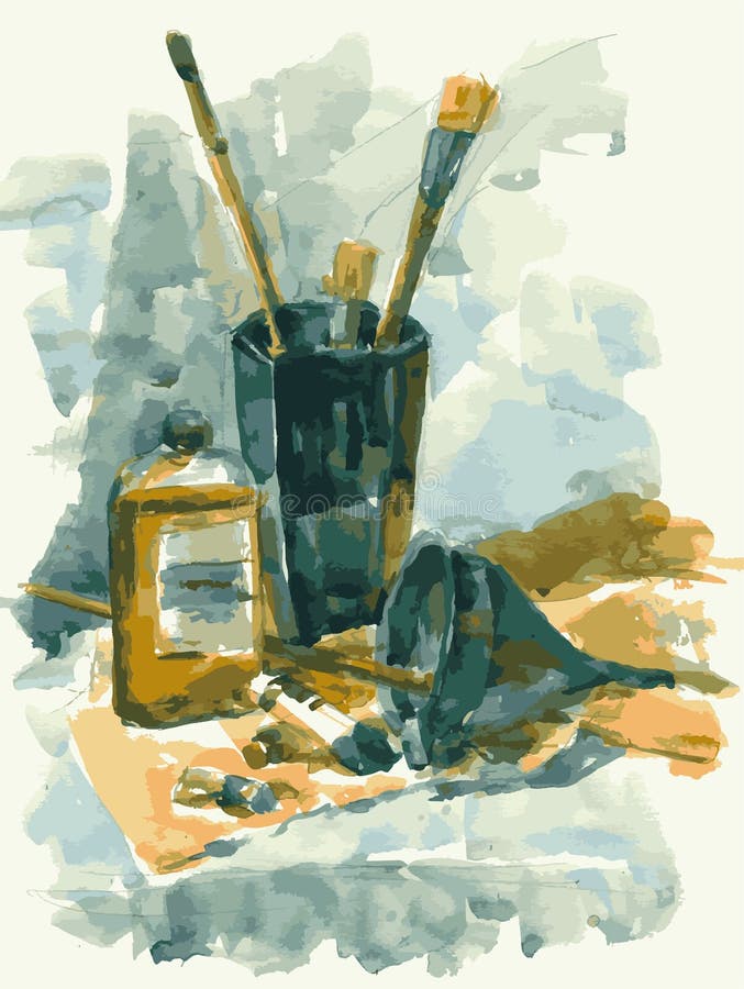 Vector Watercolor Still Life Drawing with Artistic Tools, Brushes ...