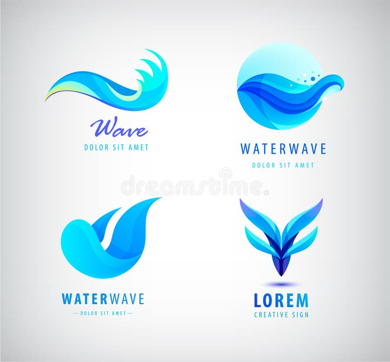 Vector Wavy Blue Logos Set, Water Wave 3d Gradient Icons. Ocean, Sea ...