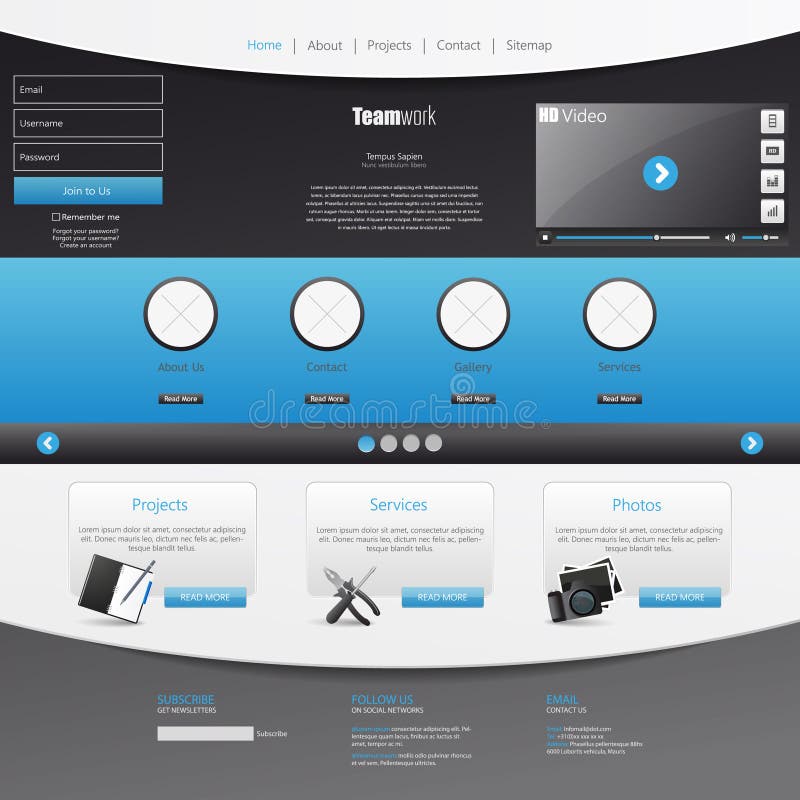 Website Design Template with UI Elements Kit, Flat Design Concept ...