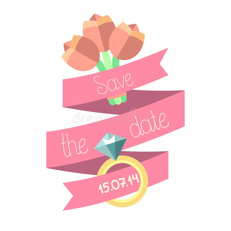 Vector Wedding Invitation Card with Ribbon, Flowers, Ring and Text Save ...