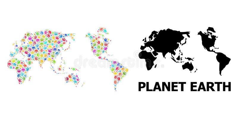 Vector Collage Map of Earth of Colored Cannabis Leaves and Solid Map ...