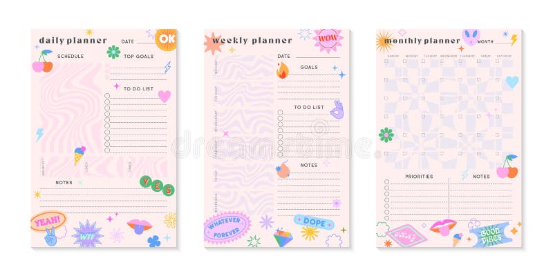Vector daily,weekly,monthly Planners Templates with Y2k Patches,icons ...
