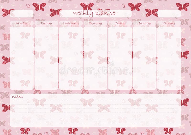 Vector Weekly Planner with Butterflies Roses Stock Vector ...