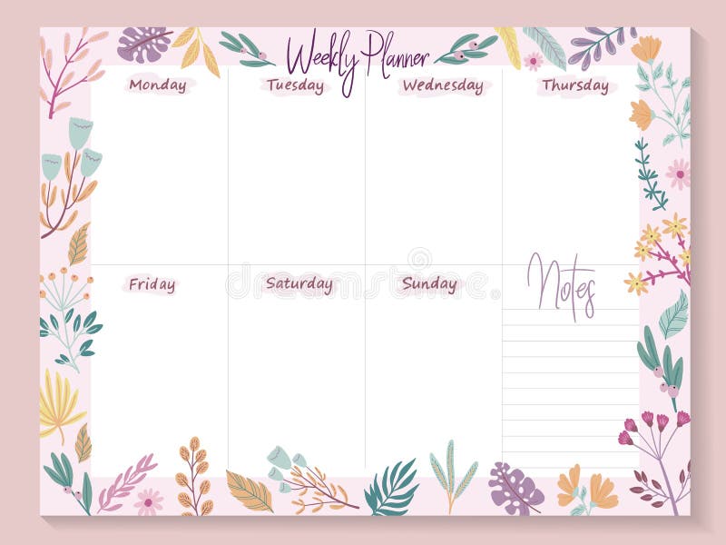 Vector Weekly Planner of Different Plants Isolated on White. Flowers ...