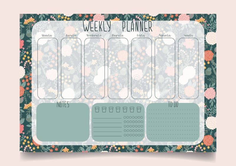 Vector Weekly Planner with Floral Design. Planner with Space for Notes ...