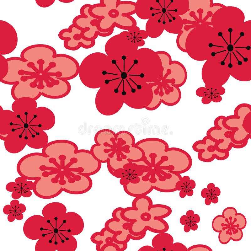 Vector White Background Pink Red Cherry Blossoms Flower. Seamless Pattern Background. Stock ...