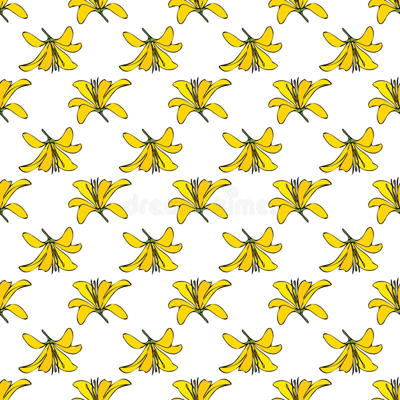 Vector White Background Yellow Pink Floral Seamless Pattern. Lilies ...