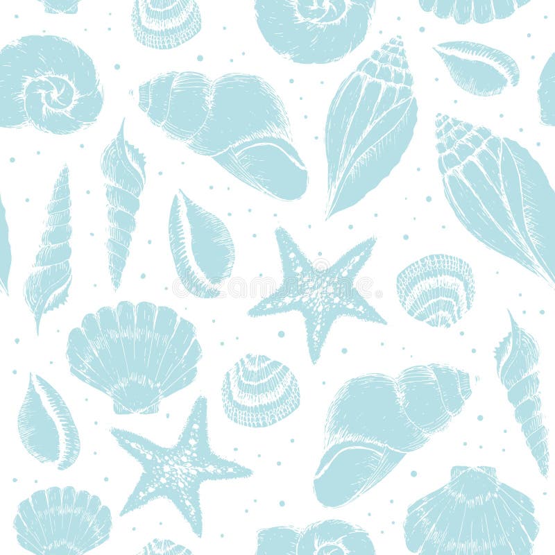 Vector White and Blue Seashells Texture Background Seamless Pattern ...