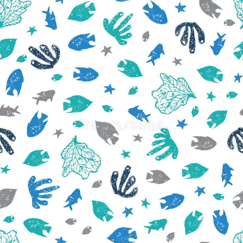 Vector White Coral Reef Fish Pen Sketch Repeat Pattern. Perfect for ...