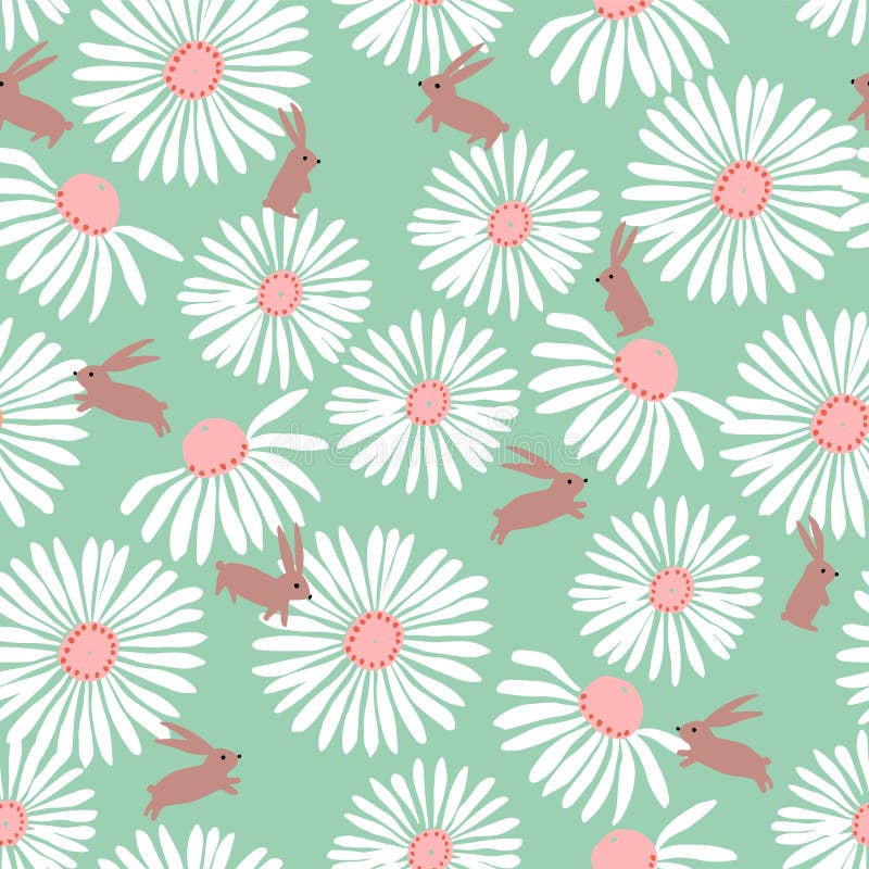 Vector White Cosmos and Rabbit Illustration Motif Seamless Repeat ...