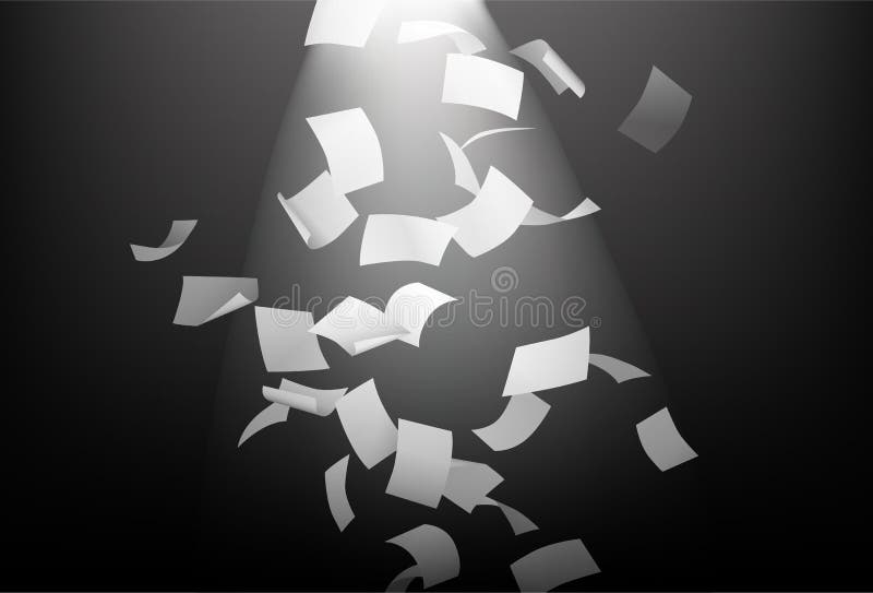 Vector White Papers Falling in the Ray of Spotlight on Dark Background ...