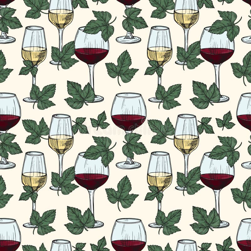 Vector White and Red Wine, Grape Vine Leaves Seamless Pattern Stock ...