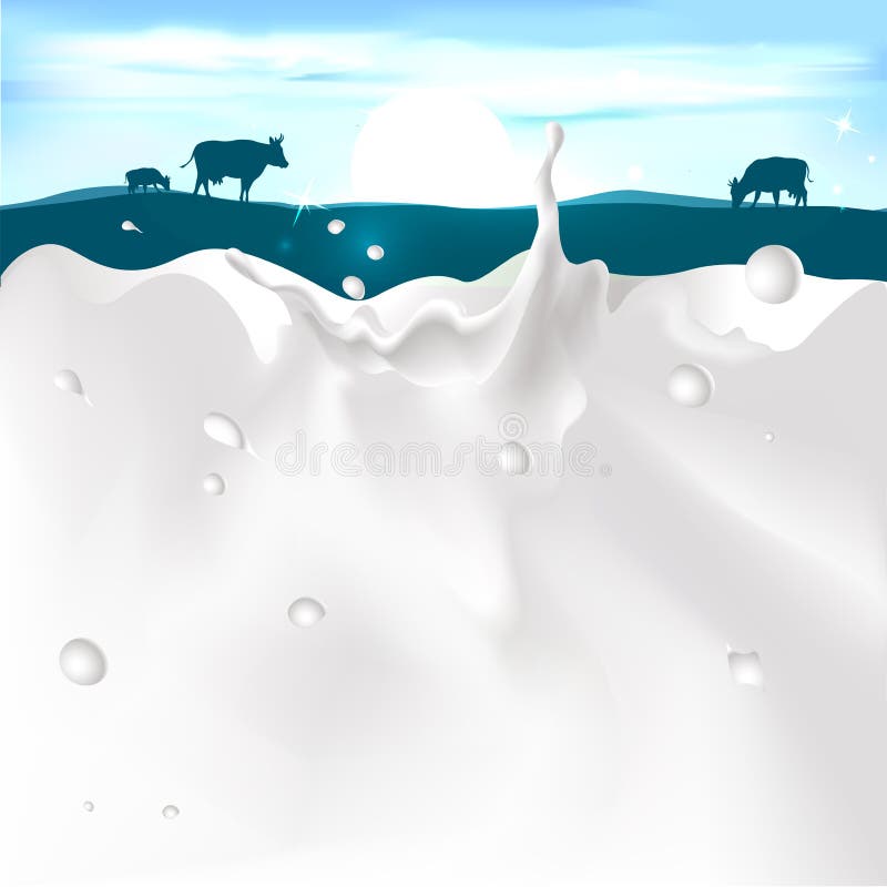 Vector White Splash Milk Illustration on Blue Background with Cow and ...