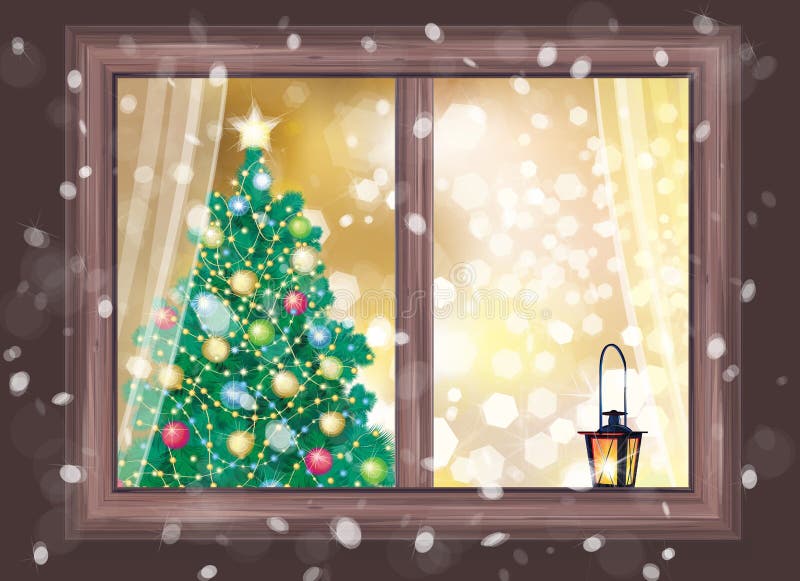 Vector Winter Night Scene of Window with Christmas Tree and Lantern ...
