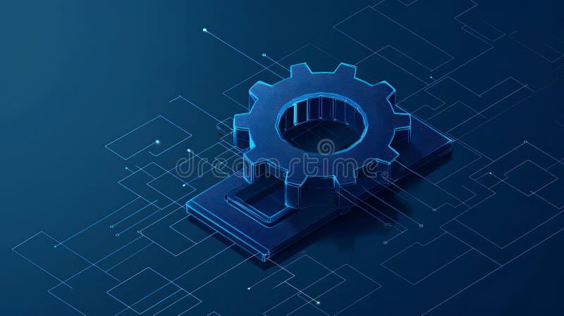 A Vector Wireframe Illustration of a Gear on a Dark Blue Background ...