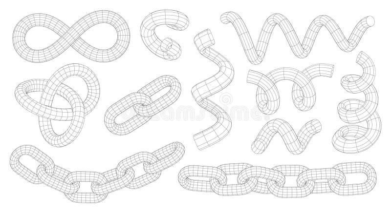 Vector Wireframe Shapes. 3D Technology Grid. Spirals, Twisted Curves ...