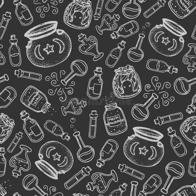 Vector Witch Bottles Seamless Pattern. Gray Outline of Potions, Elixirs ...