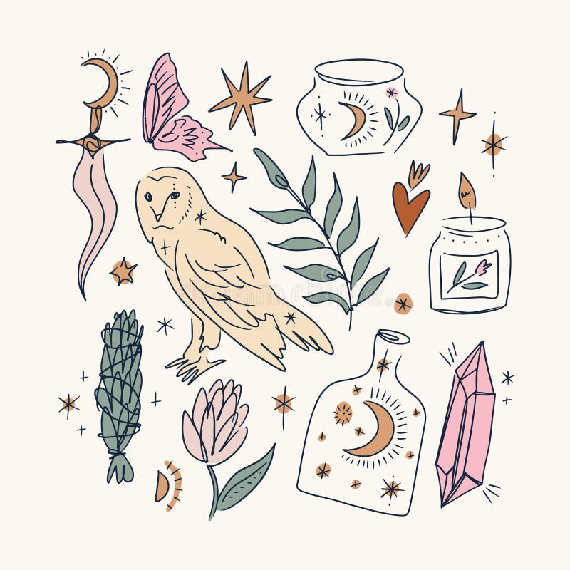 Vector Witch Mystical Magic Design Elements Set. Hand Drawn Doodle ...