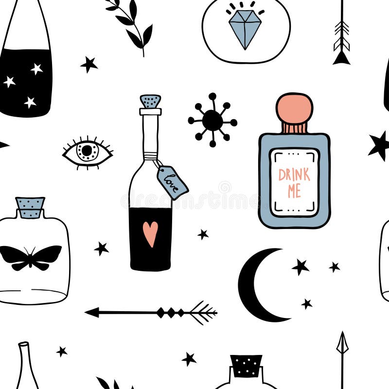 Vector Witch Seamless Pattern with Magic Cartoon Bottles Stock Vector ...