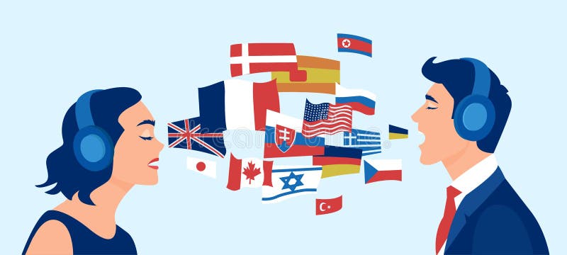 Vector of a Woman and a Man in Headphones Learning Different Languages ...